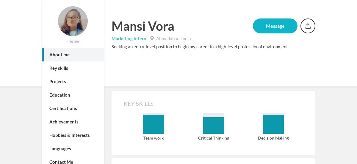 Mansi Vora Online Resume | CraftmyCV