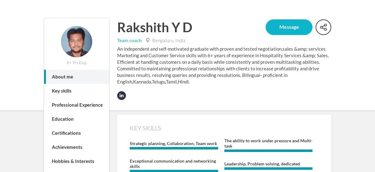 Rakshith Y D Online Resume | CraftmyCV