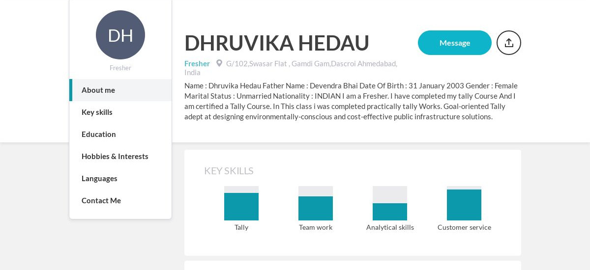 DHRUVIKA HEDAU Online Resume | CraftmyCV