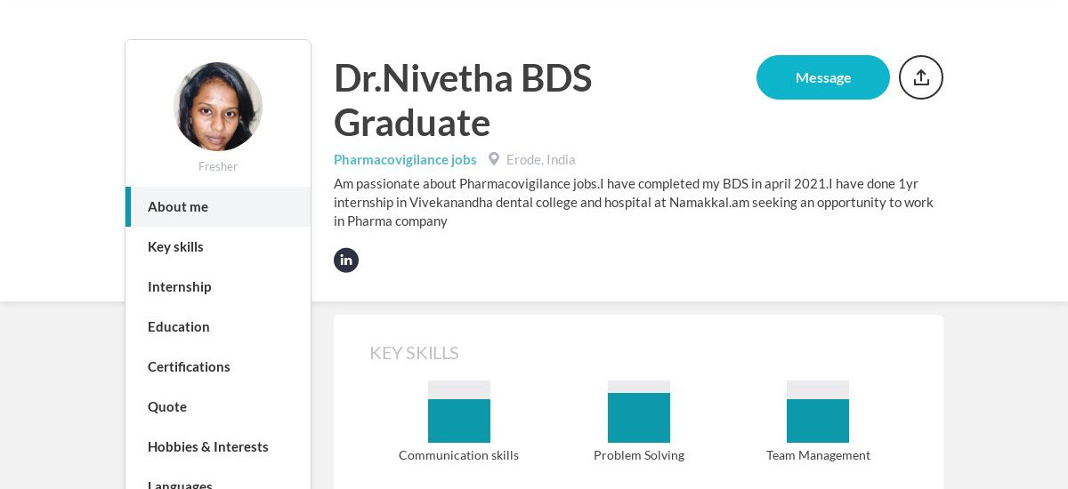 Dr.Nivetha BDS Graduate Online Resume | CraftmyCV
