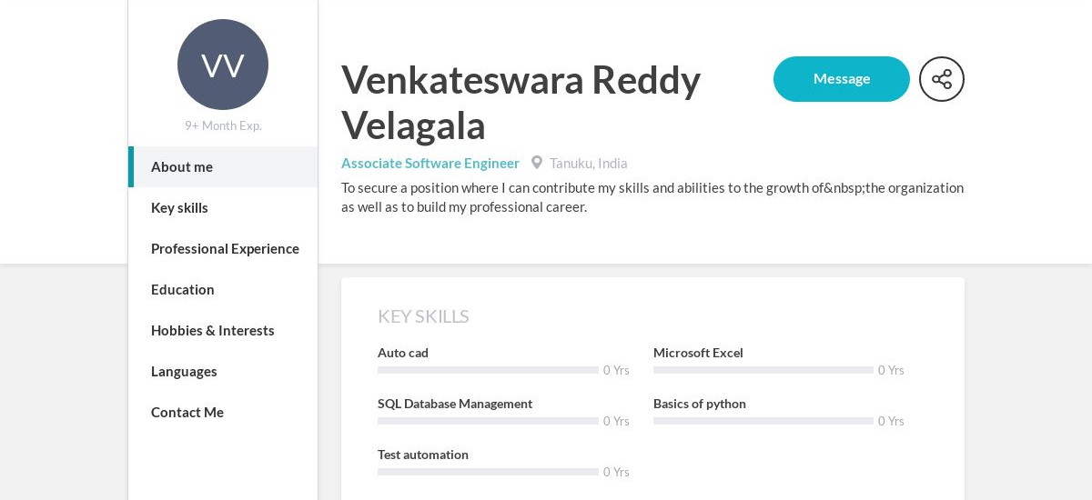 Venkateswara Reddy Velagala Online Resume | CraftmyCV