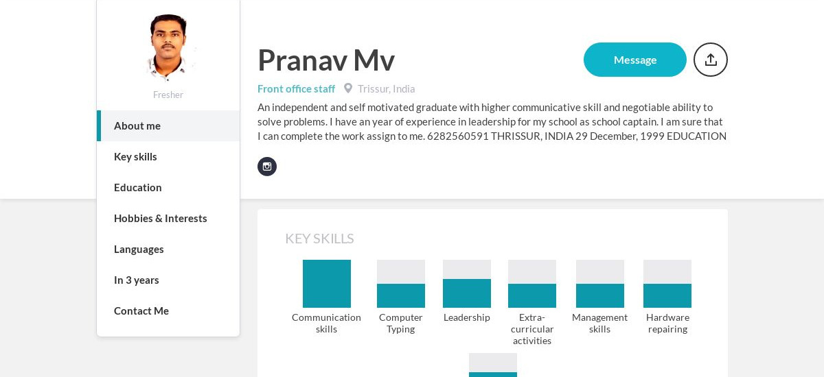 Pranav Mv Online Resume | CraftmyCV
