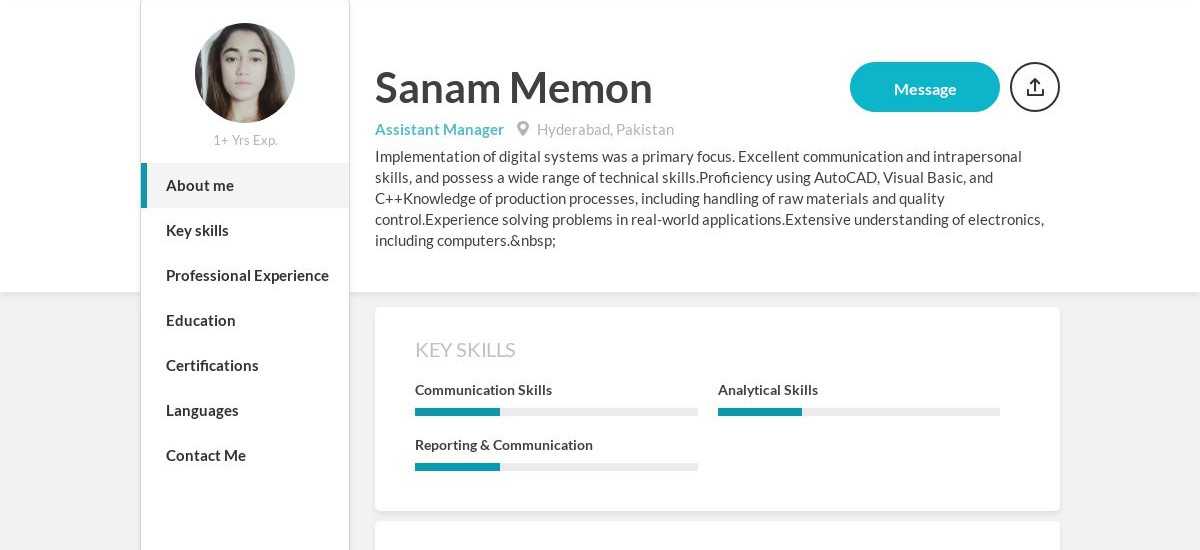 Sanam Memon Online Resume | CraftmyCV