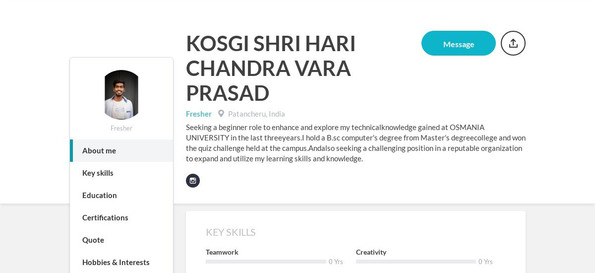 KOSGI SHRI HARI CHANDRA VARA PRASAD Online Resume | CraftmyCV