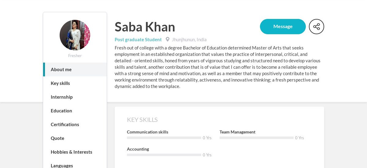 Saba Khan Online Resume | CraftmyCV
