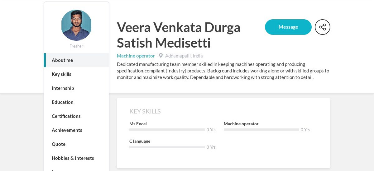 Veera Venkata Durga Satish Medisetti Online Resume | CraftmyCV