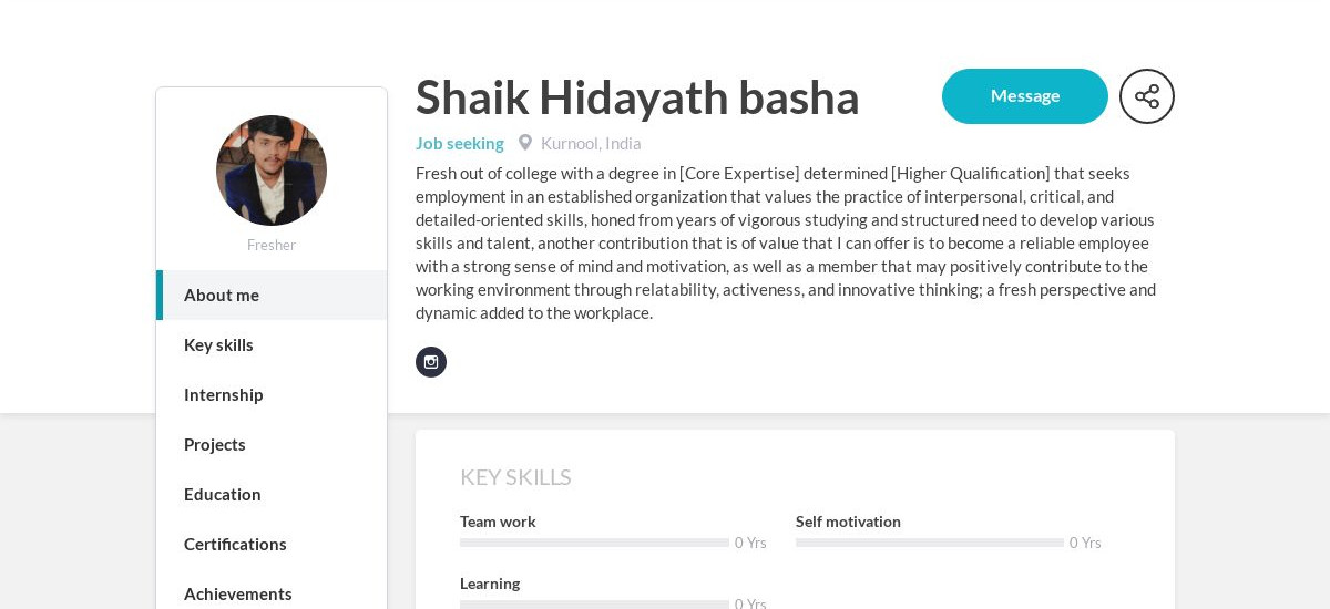 Shaik Hidayath basha Online Resume | CraftmyCV