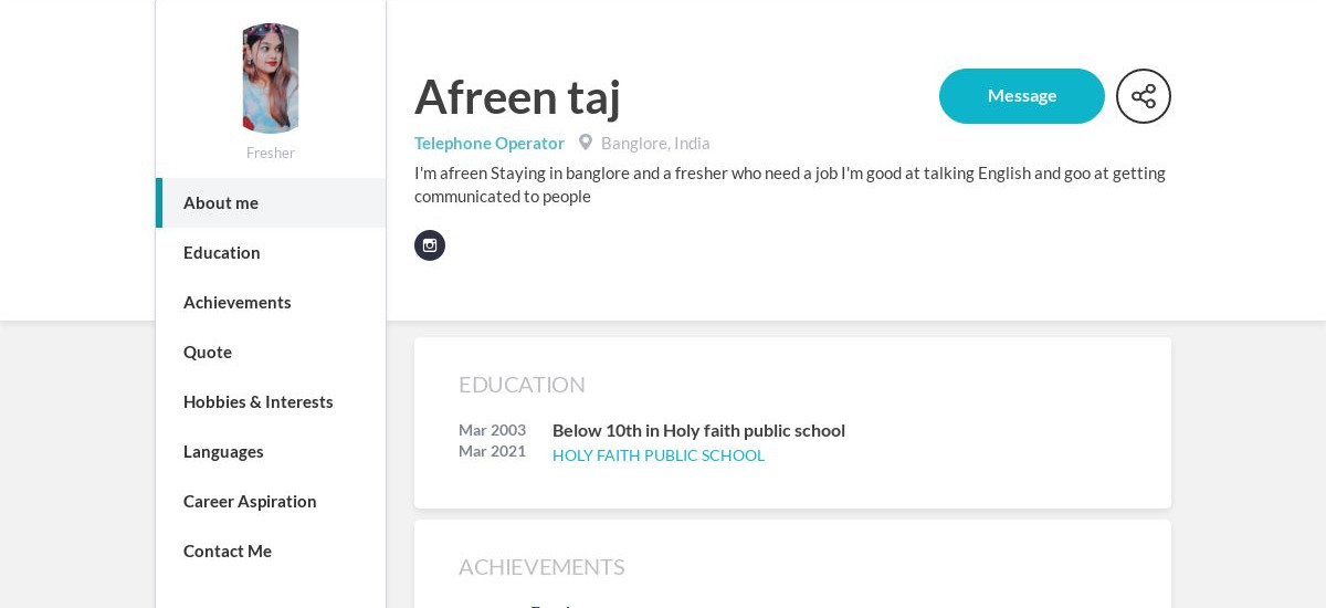 Afreen Taj Online Resume | CraftmyCV
