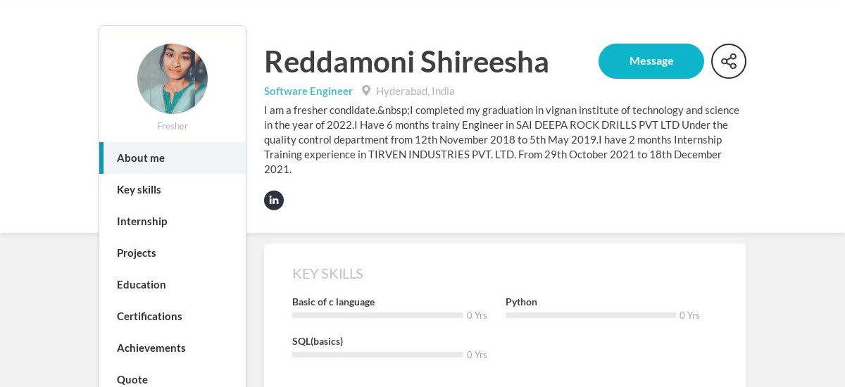 Reddamoni Shireesha Online Resume | CraftmyCV