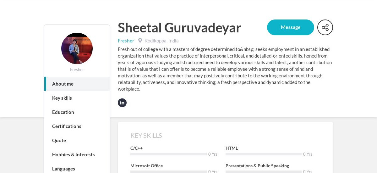 Sheetal Guruvadeyar Online Resume | CraftmyCV