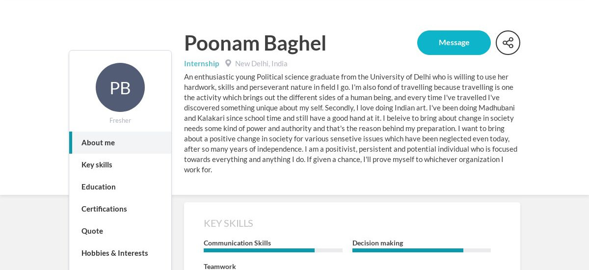 Poonam Baghel Online Resume | CraftmyCV