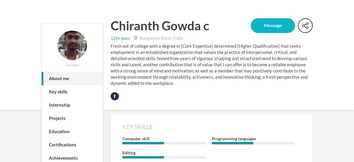 Chiranth Gowda c Online Resume | CraftmyCV