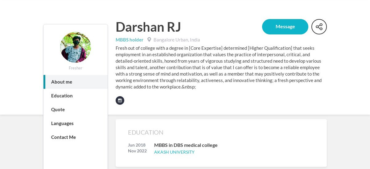 Darshan RJ Online Resume | CraftmyCV