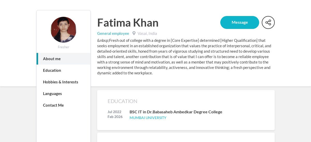 Fatima Khan Online Resume | CraftmyCV