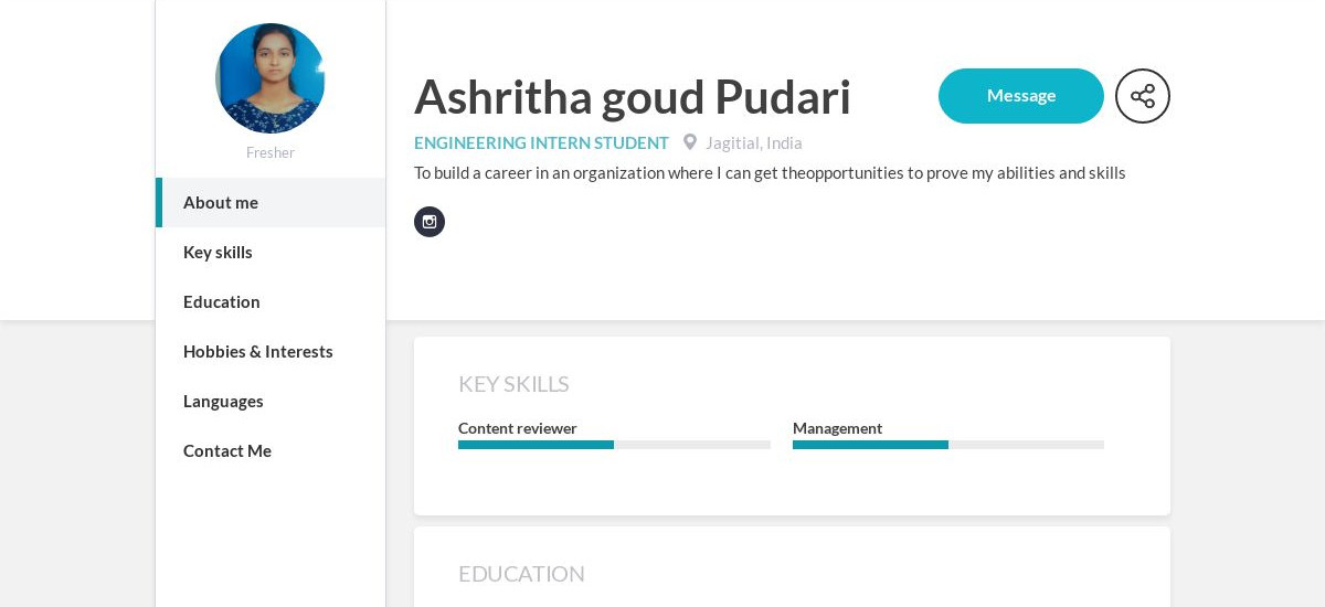 Ashritha goud Pudari Online Resume | CraftmyCV