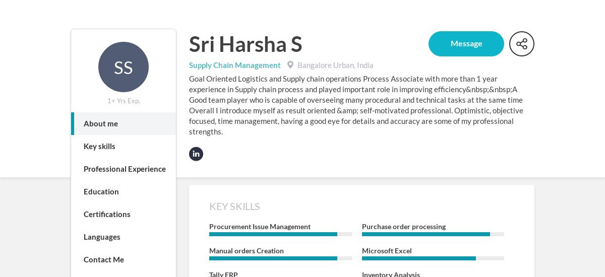 Sri Harsha S Online Resume | CraftmyCV