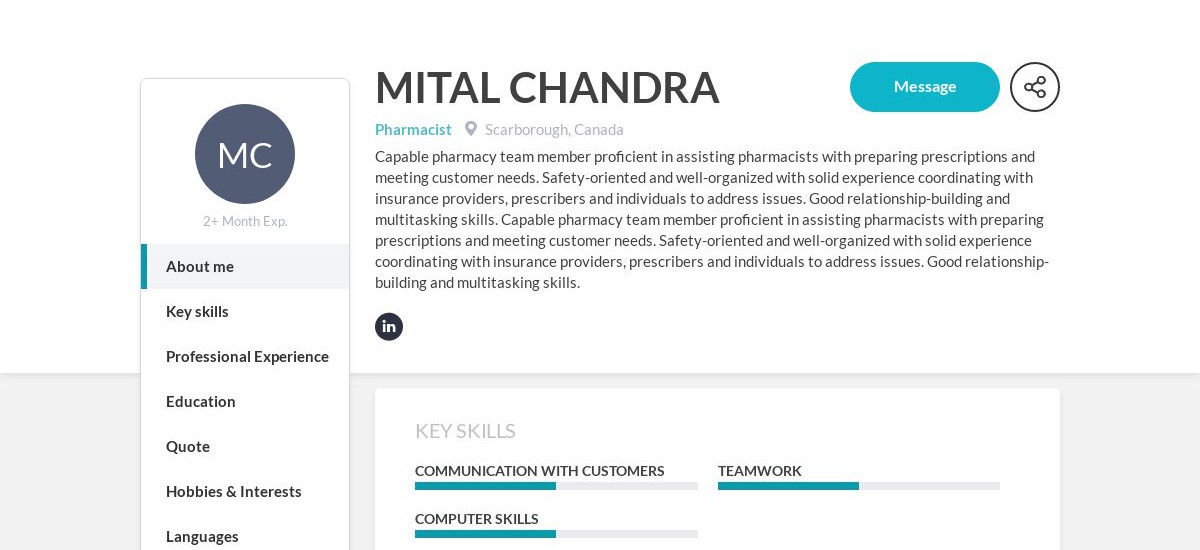 MITAL CHANDRA Online Resume | CraftmyCV