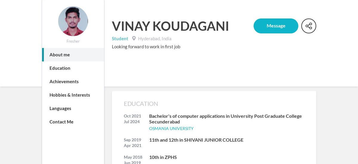 VINAY KOUDAGANI Online Resume | CraftmyCV