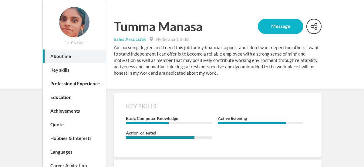 Tumma Manasa Online Resume | CraftmyCV