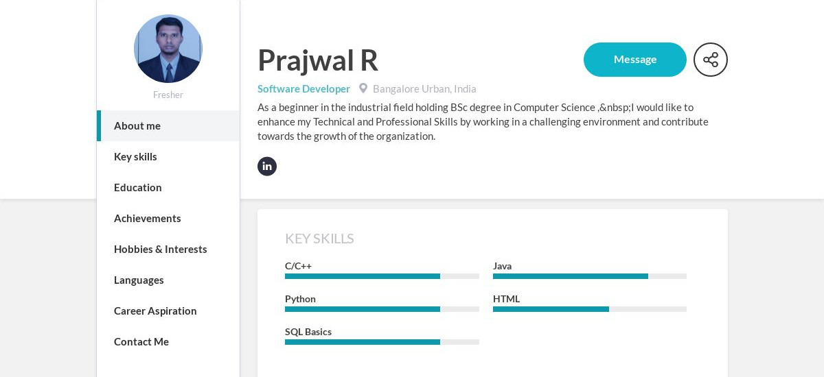 Prajwal R Online Resume | CraftmyCV