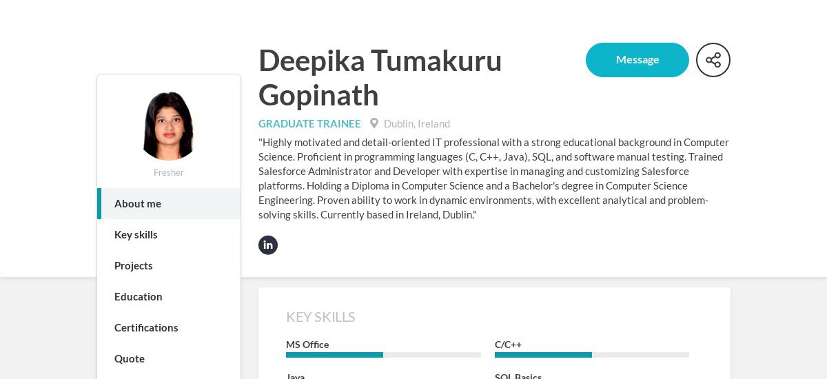 Deepika Tumakuru Gopinath Online Resume | CraftmyCV