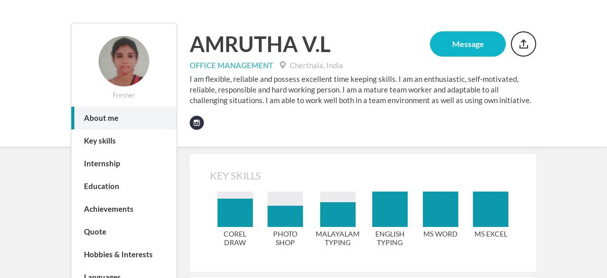 AMRUTHA V.L Online Resume | CraftmyCV
