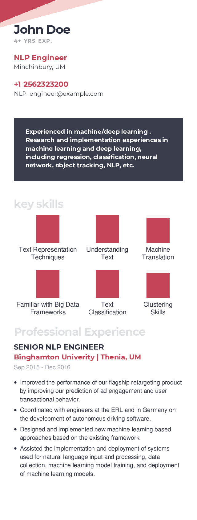 NLP Engineer Resume Example With Content Sample CraftmyCV