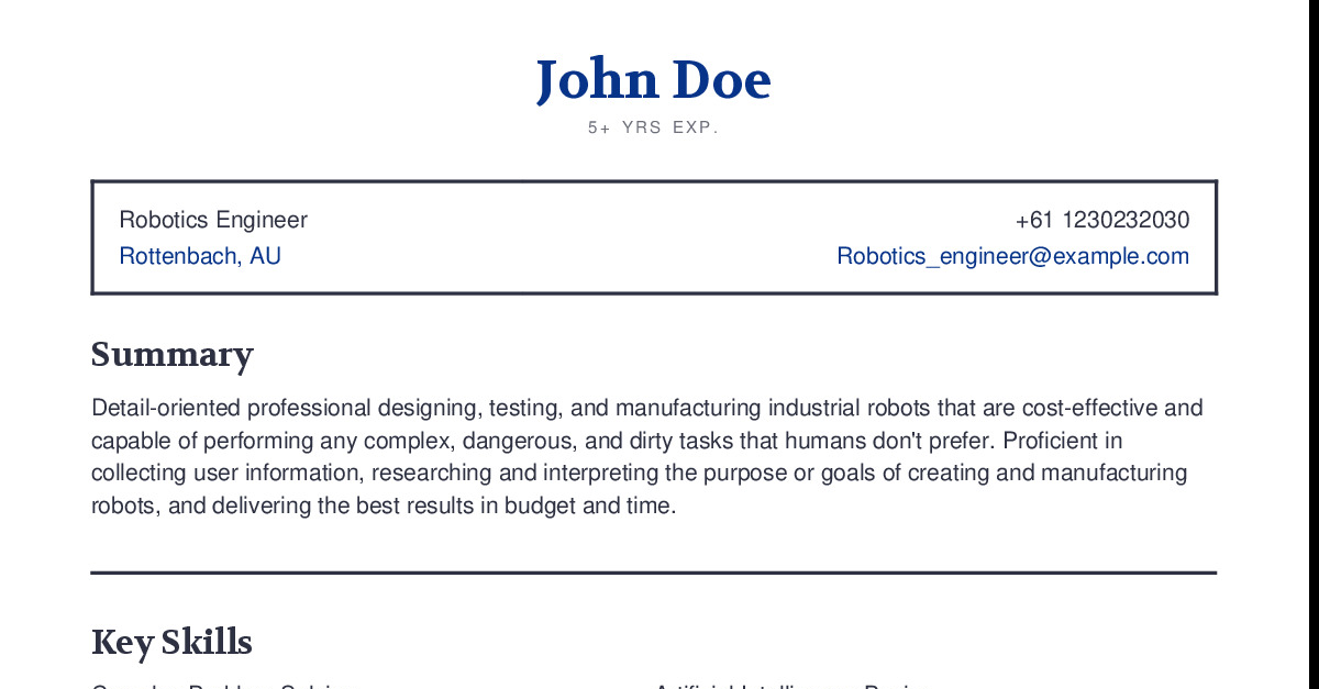 Robotics Engineer Resume Example With Content Sample | CraftmyCV Robotics Engineer Resume Example With Content Sample | CraftmyCV