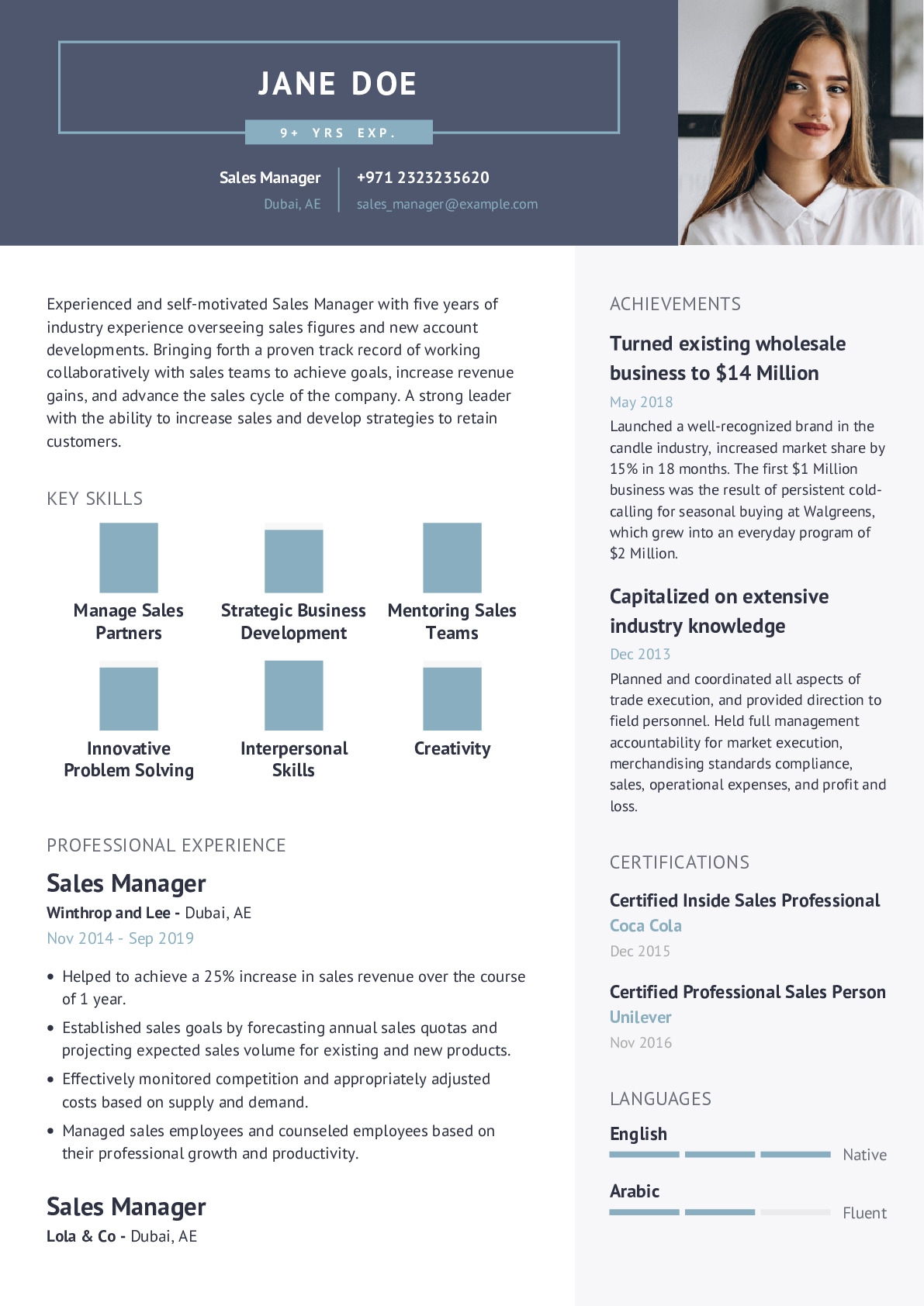 Sales Manager Resume Example With Pre filled Content CraftmyCV
