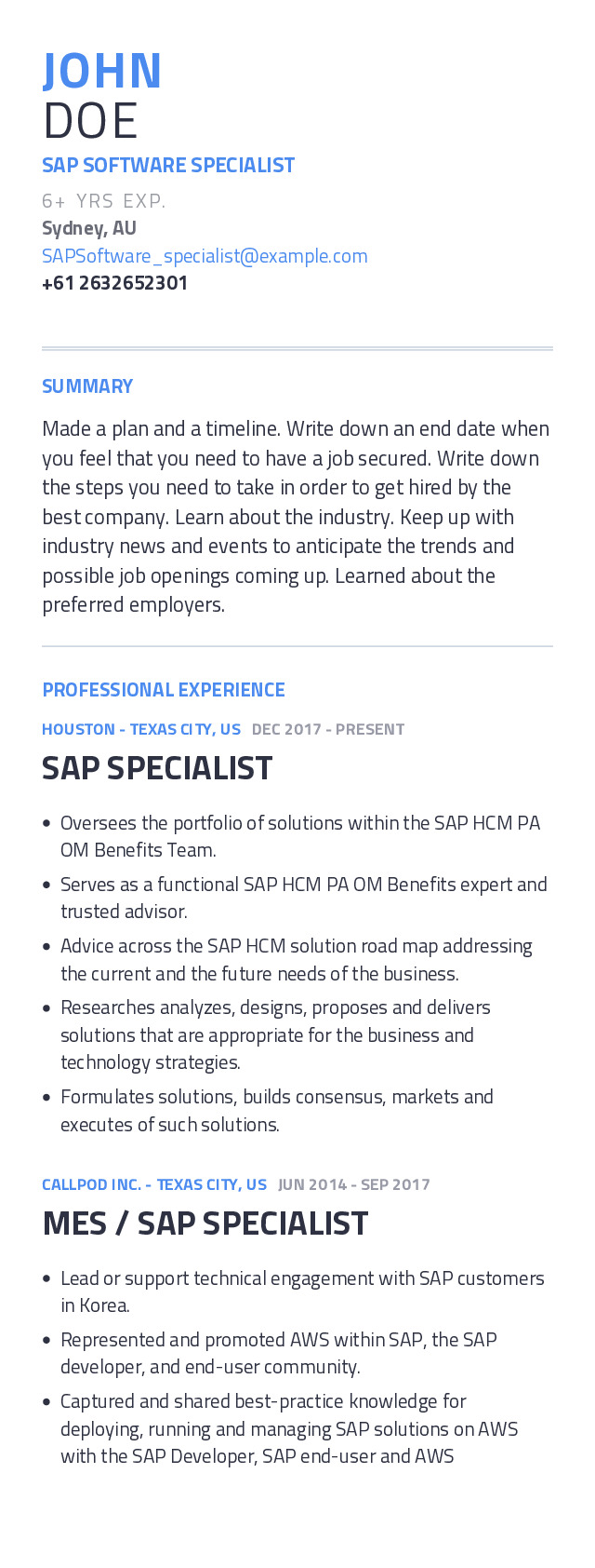 SAP Software Specialist Resume Example With Content Sample CraftmyCV