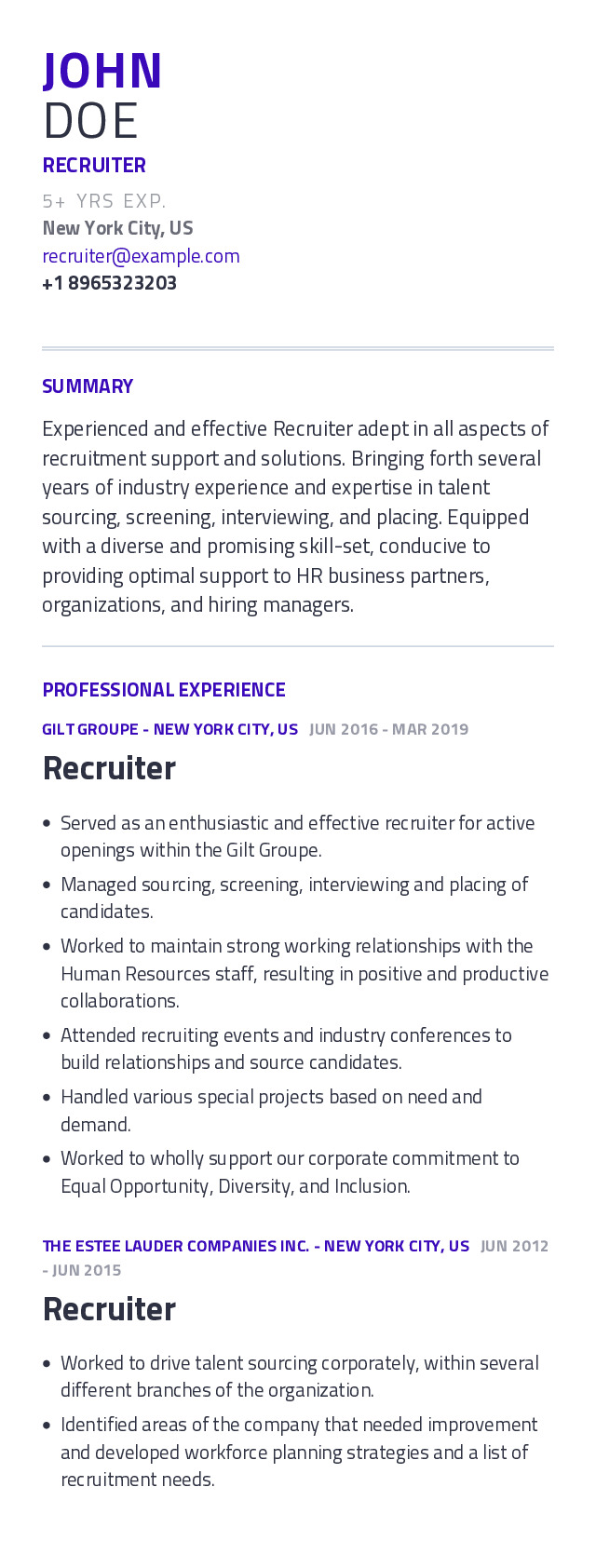 Recruiter Resume Example With Content Sample CraftmyCV