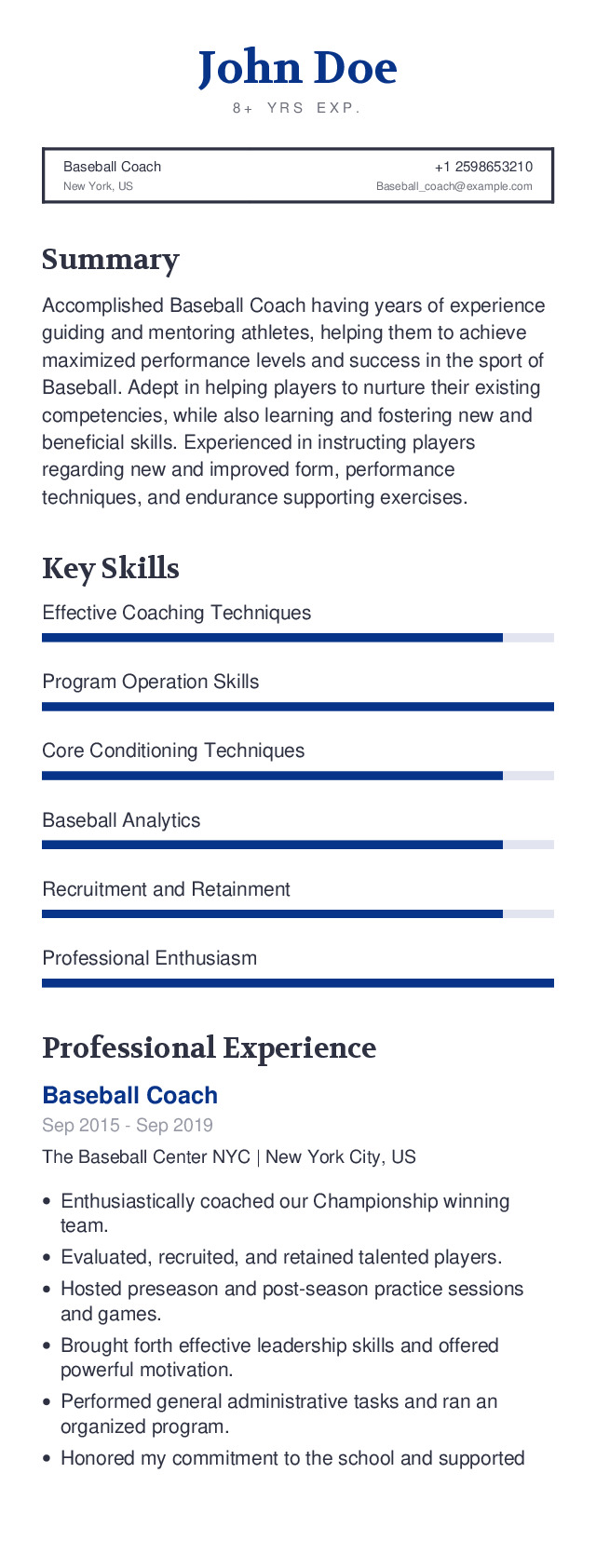 Baseball Coach Resume Example With Content Sample CraftmyCV
