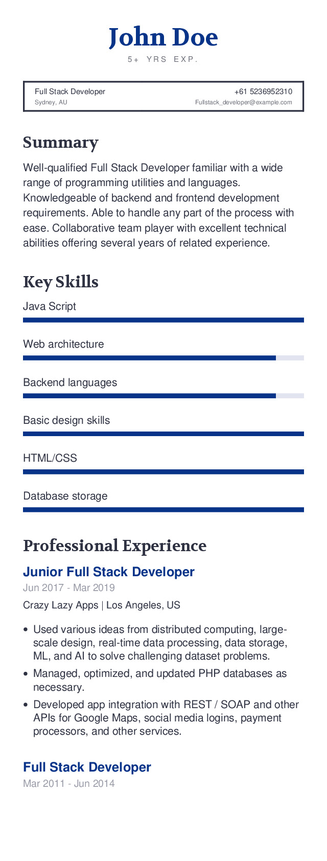 Full Stack Developer Resume Example With Content Sample CraftmyCV