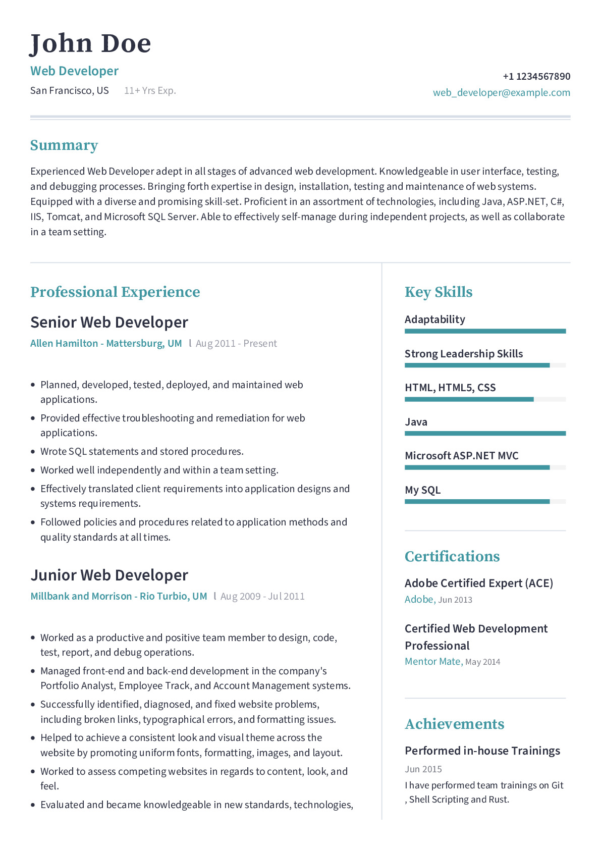 Web Developer Resume Example With Pre filled Content CraftmyCV