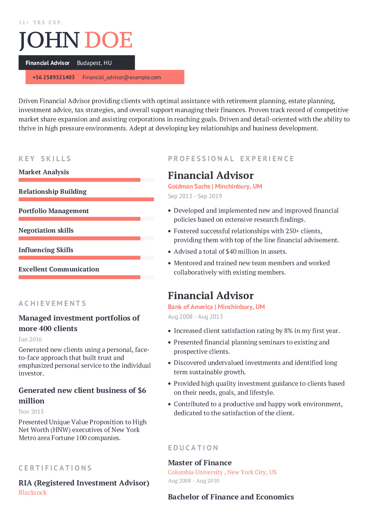 Financial Advisor Resume Example With Content Sample CraftmyCV
