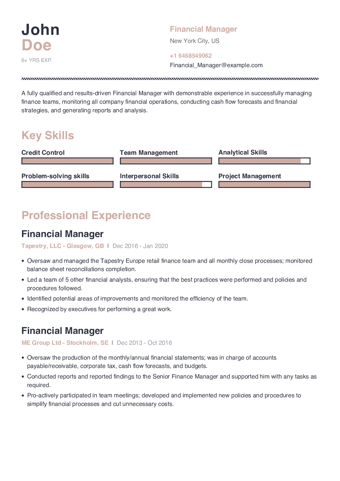 Financial Manager Resume Example With Content Sample CraftmyCV